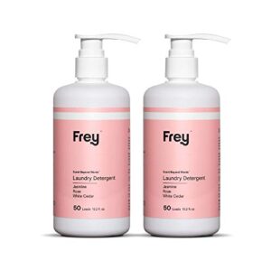 frey concentrated liquid laundry detergent - specially formulated for sensitive skin and high efficiency (he) washers - removes stains, ideal for 50 loads - jasmine rose white cedar scent - pack of 2