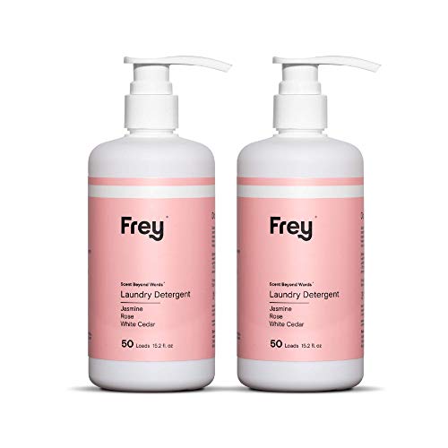 FREY Concentrated Liquid Laundry Detergent - Specially Formulated for Sensitive Skin and High Efficiency (HE) Washers - Removes Stains, Ideal for 50 Loads - Jasmine Rose White Cedar Scent - Pack of 2