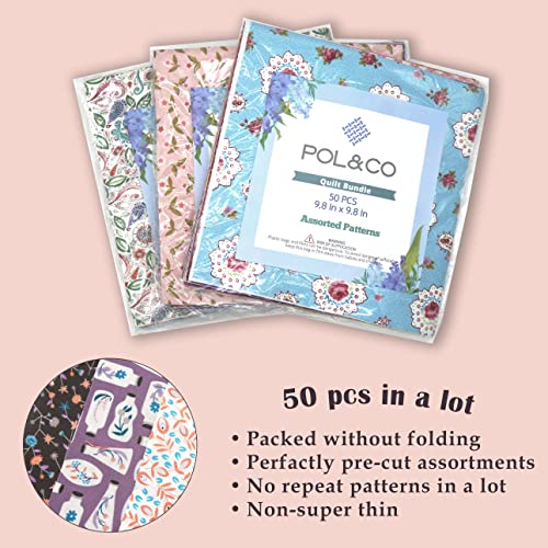 POL&CO 50pcs Cotton Craft Fabric Random Bundle Squares 9.8 x 9.8 in – 100% Cotton Fabric for Sewing and Quilting | Fabric Bundles | Fabric Scraps | Precut Fabrics for Quilting | Patchwork