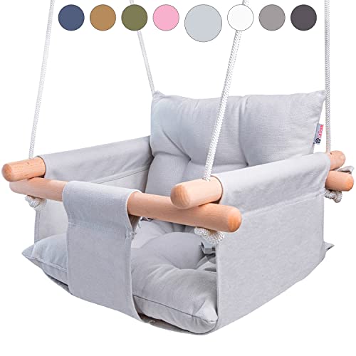 CaTeam - Canvas Baby Swing, Wooden Hanging Swing Seat Chair with Safety Belt, Durable Baby Swing Chair, Outdoor and Indoor Swing for Kids, Mounting Hardware Included, Gray