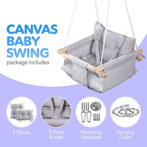 CaTeam - Canvas Baby Swing, Wooden Hanging Swing Seat Chair with Safety Belt, Durable Baby Swing Chair, Outdoor and Indoor Swing for Kids, Mounting Hardware Included, Gray