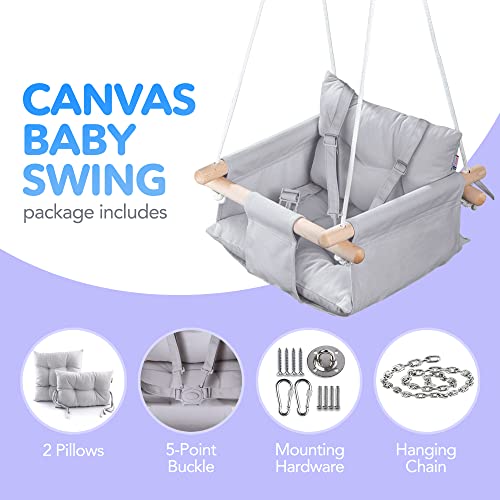 CaTeam - Canvas Baby Swing, Wooden Hanging Swing Seat Chair with Safety Belt, Durable Baby Swing Chair, Outdoor and Indoor Swing for Kids, Mounting Hardware Included, Gray