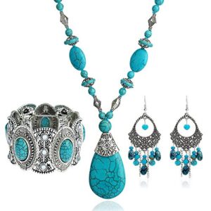 maytry turquoise 3pcs set - a turquoise necklace a pair of turquoise pendant tassel earrings, a stretchable turquoise braceleta gift for ladies