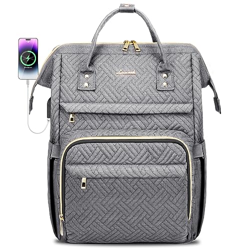 LOVEVOOK Laptop Backpack for Women,15.6 Inch Professional Womens Travel Backpack Purse Computer Laptop Bag Nurse Teacher Backpack,Waterproof College Work Bag Carry on Backpack with USB Port,Grey Plait