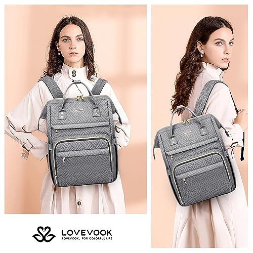 LOVEVOOK Laptop Backpack for Women,15.6 Inch Professional Womens Travel Backpack Purse Computer Laptop Bag Nurse Teacher Backpack,Waterproof College Work Bag Carry on Backpack with USB Port,Grey Plait