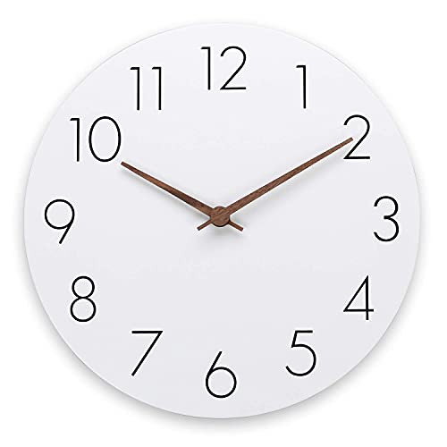 Plumeet 12'' Wooden Wall Clock Frameless Clocks with Silent Quartz Movement - Modern Style Village Wall Clocks Decorative Home Kitchen - Battery Operated (White)