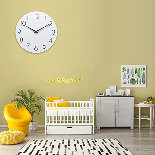 Plumeet 12'' Wooden Wall Clock Frameless Clocks with Silent Quartz Movement - Modern Style Village Wall Clocks Decorative Home Kitchen - Battery Operated (White)