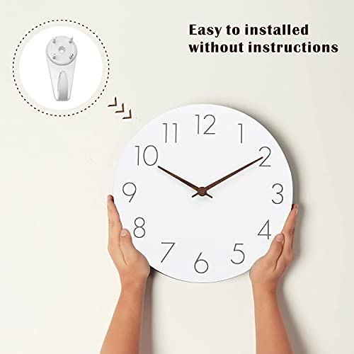 Plumeet 12'' Wooden Wall Clock Frameless Clocks with Silent Quartz Movement - Modern Style Village Wall Clocks Decorative Home Kitchen - Battery Operated (White)