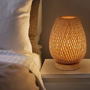 bamboo weaving table lamp with handmade natural wooden base, eye-caring bedroom bedside night light, retro desk lamp reading light home decor, unique handicraft house warmging gift