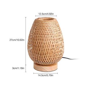 Bamboo Weaving Table Lamp with Handmade Natural Wooden Base, Eye-Caring Bedroom Bedside Night Light, Retro Desk Lamp Reading Light Home Decor, Unique Handicraft House Warmging Gift