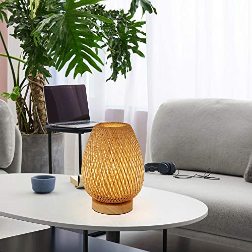 Bamboo Weaving Table Lamp with Handmade Natural Wooden Base, Eye-Caring Bedroom Bedside Night Light, Retro Desk Lamp Reading Light Home Decor, Unique Handicraft House Warmging Gift