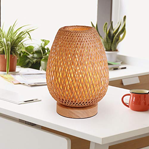 Bamboo Weaving Table Lamp with Handmade Natural Wooden Base, Eye-Caring Bedroom Bedside Night Light, Retro Desk Lamp Reading Light Home Decor, Unique Handicraft House Warmging Gift