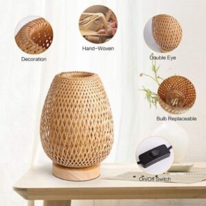 Bamboo Weaving Table Lamp with Handmade Natural Wooden Base, Eye-Caring Bedroom Bedside Night Light, Retro Desk Lamp Reading Light Home Decor, Unique Handicraft House Warmging Gift