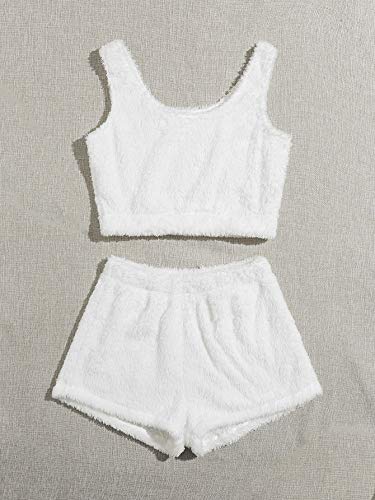 SweatyRocks Women's Fluffy Pajamas Set Crop Tank Top With Shorts Loungewear White S