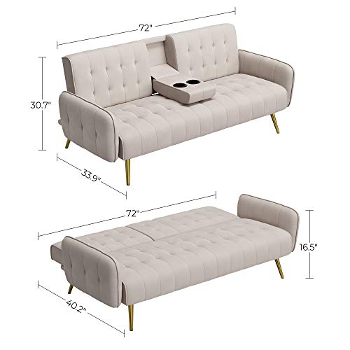 VASAGLE Sofa Bed, Convertible Couch with 2 Cup Holders and Removable Armrests, for Compact Living Space Apartment Dorm Office, 72 x 33.9 x 30.7 Inches, Beige