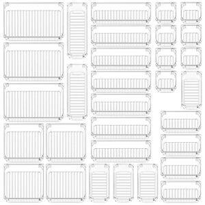 puroma 31pcs drawer organizer set 5-size versatile vanity and bathroom drawer organizers, clear plastic desk drawer organizer trays and customize layout storage bins for makeup kitchen office (clear)