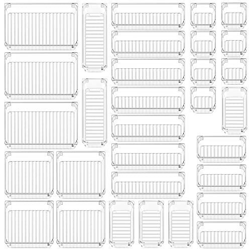 Puroma 31Pcs Drawer Organizer Set 5-size Versatile Vanity and Bathroom Drawer Organizers, Clear Plastic Desk Drawer Organizer Trays and Customize Layout Storage Bins for Makeup Kitchen Office (Clear)