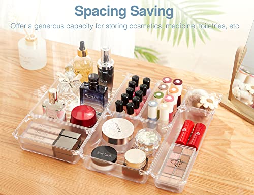 Puroma 31Pcs Drawer Organizer Set 5-size Versatile Vanity and Bathroom Drawer Organizers, Clear Plastic Desk Drawer Organizer Trays and Customize Layout Storage Bins for Makeup Kitchen Office (Clear)