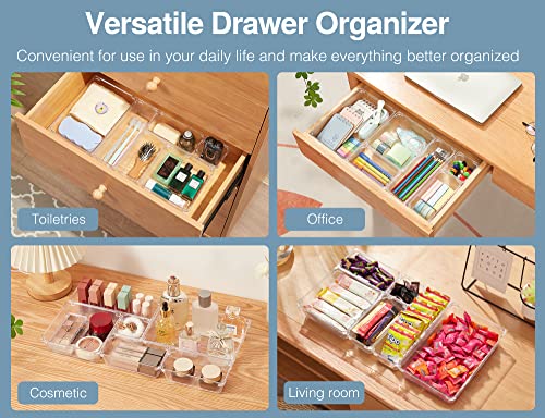 Puroma 31Pcs Drawer Organizer Set 5-size Versatile Vanity and Bathroom Drawer Organizers, Clear Plastic Desk Drawer Organizer Trays and Customize Layout Storage Bins for Makeup Kitchen Office (Clear)