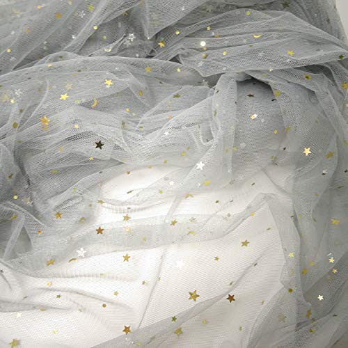 Honbay 5.5x1.7Yards Glitter Star Moon Sequin Tulle Net Yarn for Background Decoration or DIY Crafts Making (White) (Grey)