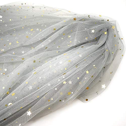 Honbay 5.5x1.7Yards Glitter Star Moon Sequin Tulle Net Yarn for Background Decoration or DIY Crafts Making (White) (Grey)