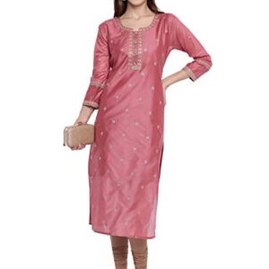 Ziya Designer Straight A-Line Embroidered Chanderi Cotton Kurti for Women (Dark Peach648, 40)