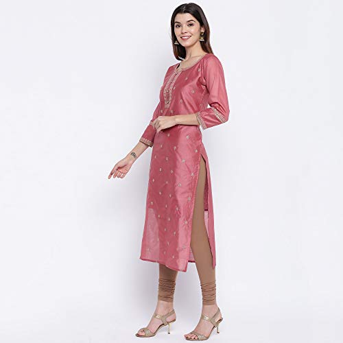 Ziya Designer Straight A-Line Embroidered Chanderi Cotton Kurti for Women (Dark Peach648, 40)