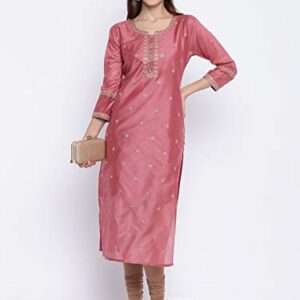 Ziya Designer Straight A-Line Embroidered Chanderi Cotton Kurti for Women (Dark Peach648, 40)