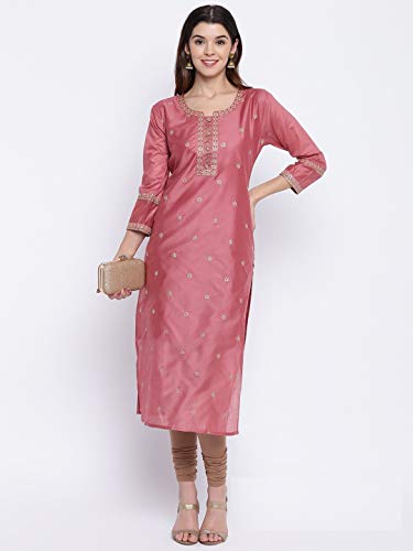 Ziya Designer Straight A-Line Embroidered Chanderi Cotton Kurti for Women (Dark Peach648, 40)