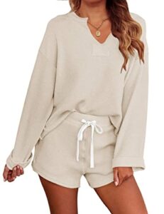 merokeety women's long sleeve pajama set henley knit tops and shorts sleepwear loungewear, beige, l