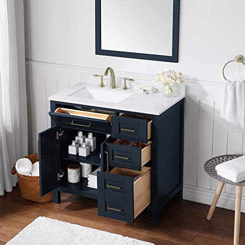 Ove Decors Tahoe 36 inch Bathroom Cabinet Bath Vanity | Contemporary Single Sink with Cultured Marble White Countertop | Fully Assembled | Backsplash Included, in Midnight Blue