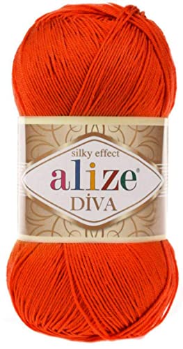 Alize Diva Silk Effect 100% Microfiber Acrylic Sport Yarn 1 Ball skeins 100gr 383yds Color (37 - Orange)