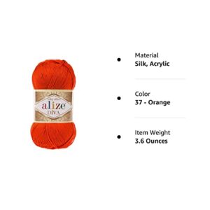 Alize Diva Silk Effect 100% Microfiber Acrylic Sport Yarn 1 Ball skeins 100gr 383yds Color (37 - Orange)