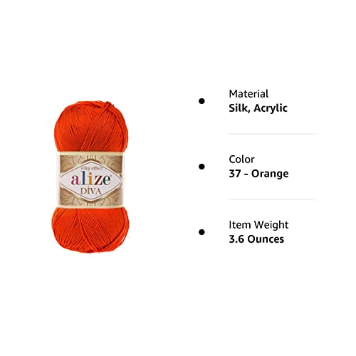 Alize Diva Silk Effect 100% Microfiber Acrylic Sport Yarn 1 Ball skeins 100gr 383yds Color (37 - Orange)