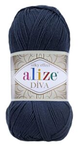 alize diva silk effect 100% microfiber acrylic yarn 1 ball skeins 100gr 383yds color (361 - navy)