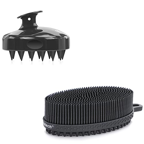 FREATECH Silicone Body Scrubber and Shampoo Brush Set, Black