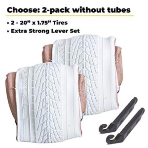 20 Inch Bike Tire Packages for Kids and BMX Tires. Fits 20x1.75 Bike Tube , Tire, Rims, Front or Rear Wheels. Includes Tire Tools. With or Without Tubes. 1 Pack or 2 Pack. WHITE (2 Tires - No Tubes)