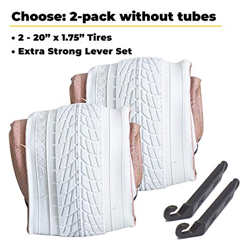 20 Inch Bike Tire Packages for Kids and BMX Tires. Fits 20x1.75 Bike Tube , Tire, Rims, Front or Rear Wheels. Includes Tire Tools. With or Without Tubes. 1 Pack or 2 Pack. WHITE (2 Tires - No Tubes)