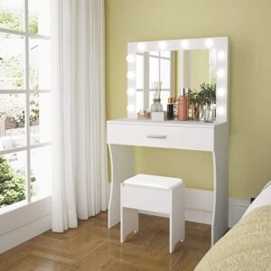 titoni vanity table set with lighted mirror - makeup vanity with lights, adjustable brightness, large drawer sturdy wood vanity, white 80x40x140cm