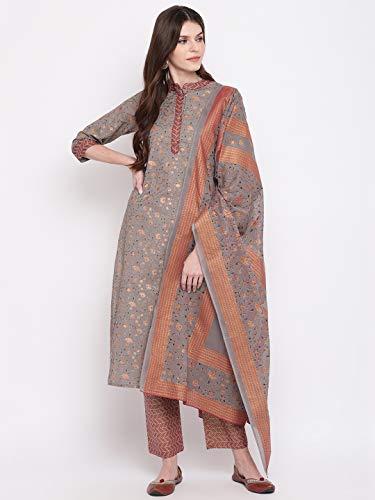 Indian Cotton Tunic Tops Kurti Set for Women with Palazzo 694 (Grey&Brown, 38)