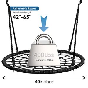 Display4top Spider Web Tree Swing, 40" Round Net Swing Set for Kids Teens with 71" Adjustable Hanging Ropes, Great for Park Backyard Playground Outdoor, Max 400Lbs (Black)