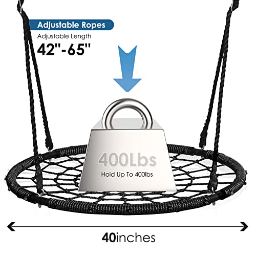 Display4top Spider Web Tree Swing, 40" Round Net Swing Set for Kids Teens with 71" Adjustable Hanging Ropes, Great for Park Backyard Playground Outdoor, Max 400Lbs (Black)