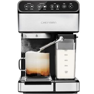 chefman 6-in-1 espresso machine with built-in milk frother, 15-bar pump, digital display, one-touch single or double shot espresso for cappuccinos and lattes, xl 1.8-l water reservoir, stainless steel