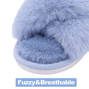 Evshine Women's Fuzzy Slippers Cross Band Memory Foam House Slippers Open Toe, Blue, Size 10-11