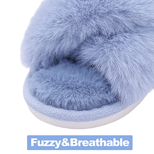 Evshine Women's Fuzzy Slippers Cross Band Memory Foam House Slippers Open Toe, Blue, Size 10-11