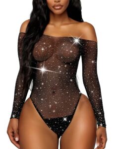 rslove women's sexy mesh lingerie sparkle fishnet bodysuit babydoll one piece fishnet teddy black