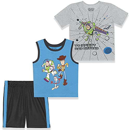 Disney Toys Story Buzz, Woody and Forky Boys Shirt, Tank Top and Shorts Set for Toddler and Little Kids – Grey/Blue/Black