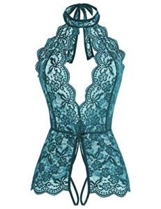 women one piece lingerie lace baby dolls teddy deep v neck halter bodysuit chemise sleepwear (dark turquoise, xl)