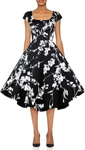 pukavt women's cocktail party dress cap sleeve 1950 retro swing dress with pockets black flower m