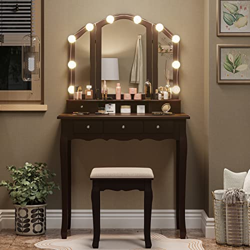 Tiptiper Vanity Desk, Makeup Vanity Set with Lighted Mirror and Stool, Dressing Table with 5 Drawers, 3 Light Settings & Adjustable Brightness, Espresso